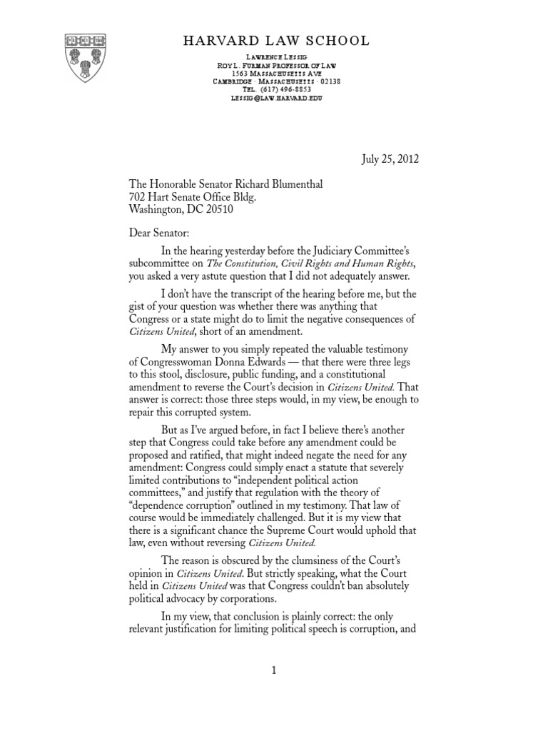 Letter To Senator Blumenthal From Lawrence Lessig | PDF | Citizens ...