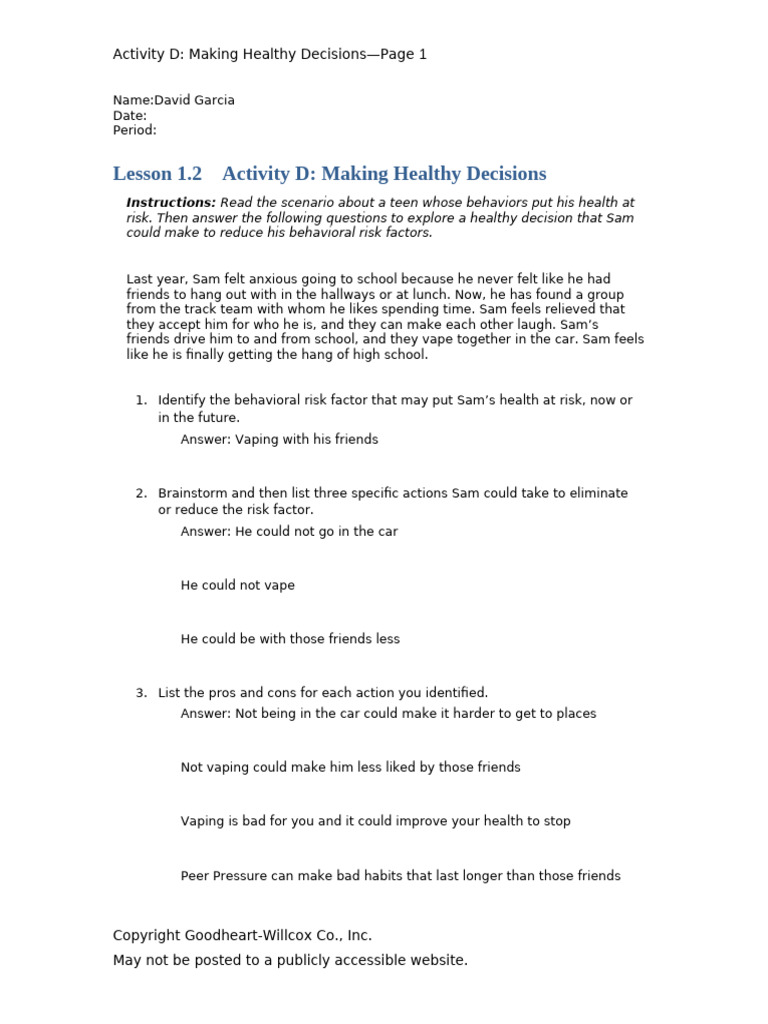 Copy of 1.2 Activity D: Making Healthy Decisions | PDF