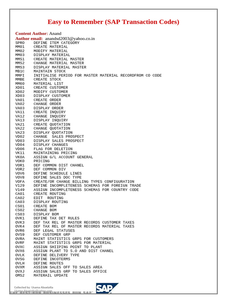 SAP Inbound Delivery Transaction Codes | PDF