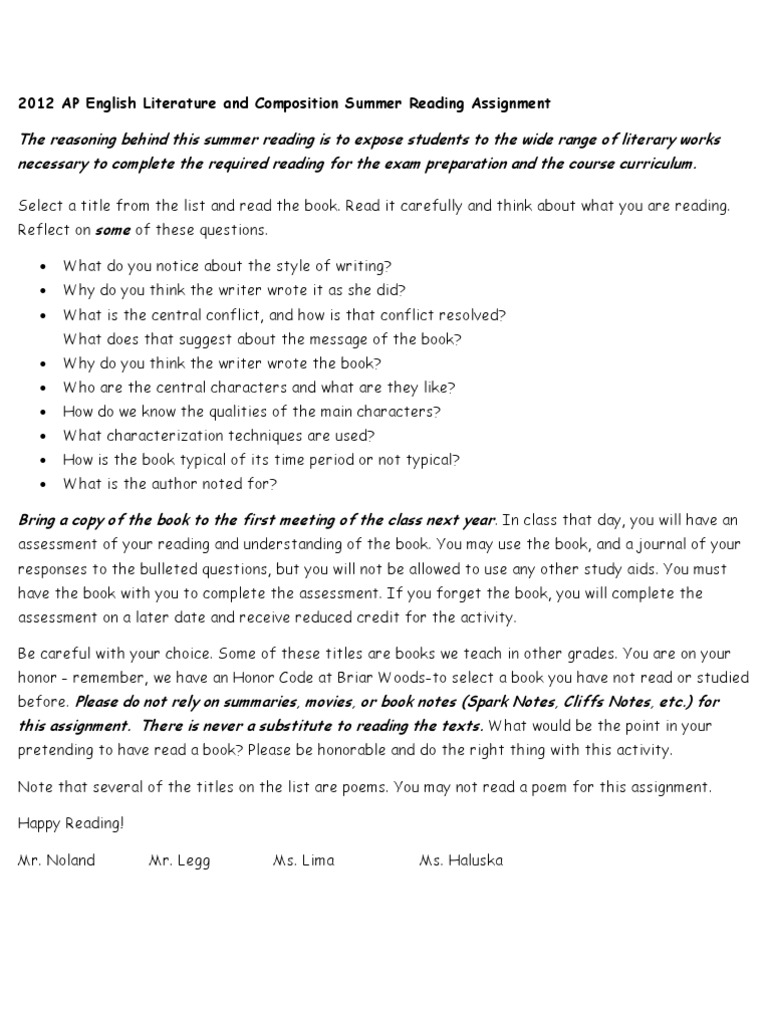 2012 AP Lit Summer Reading Assignment | English Language Literature ...