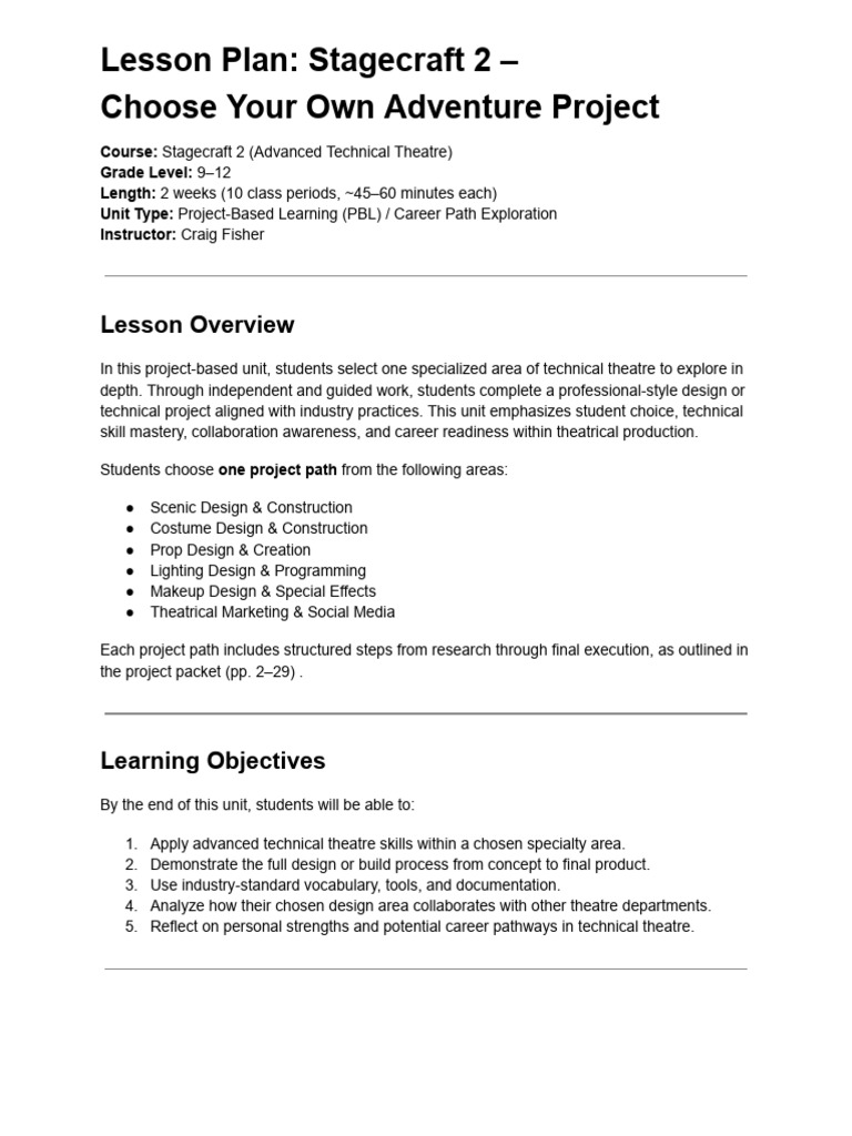 Lesson Plan - Stagecraft 2 - Choose Your Own Adventure Project | PDF