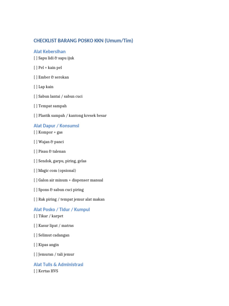 Checklist Posko KKN | PDF