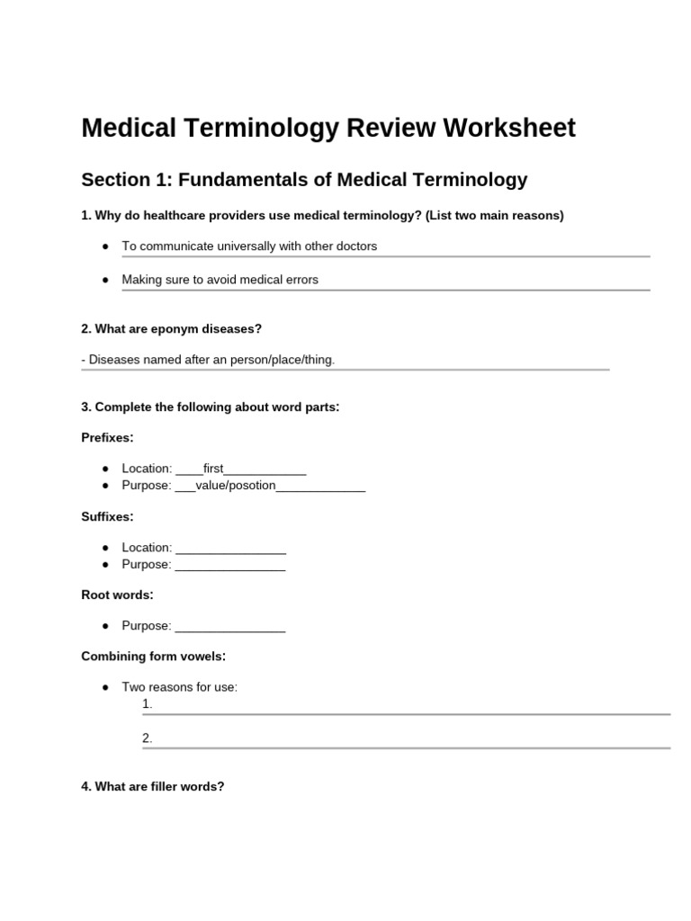 Medical Terminology Review Worksheet Exam 1 | PDF | Anatomical Terms Of ...