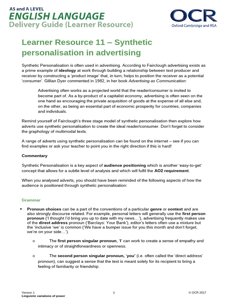 Lesson 3 Resource | PDF | Advertising | Communication