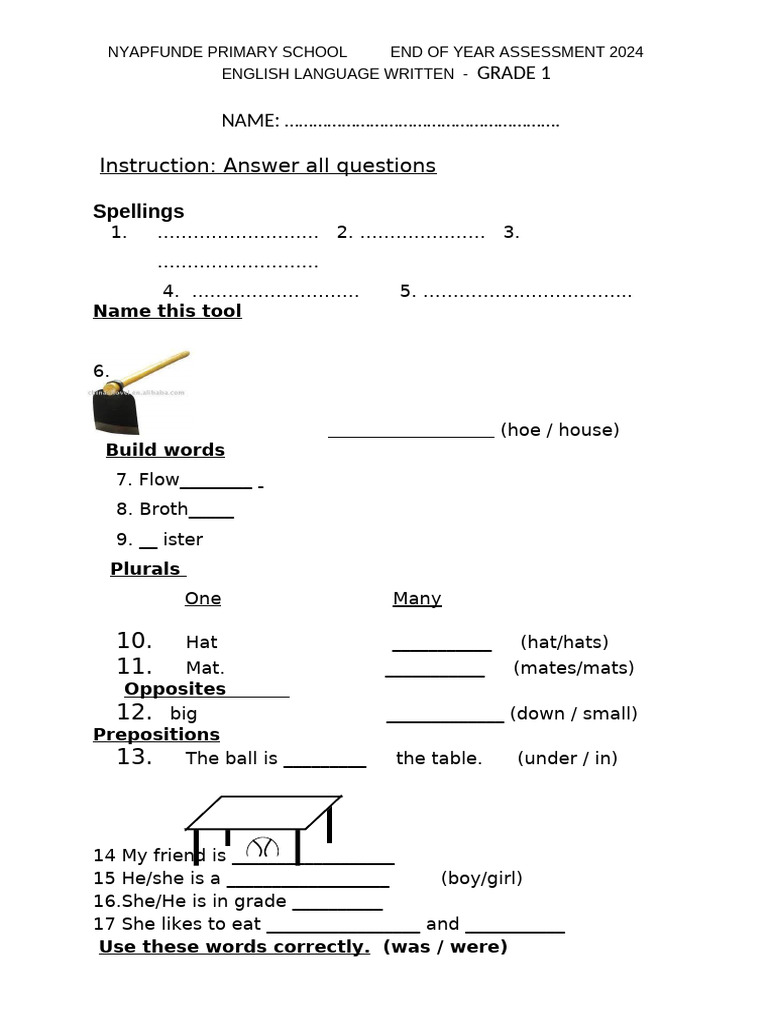 GRADE 1 Tests Term 3 | PDF