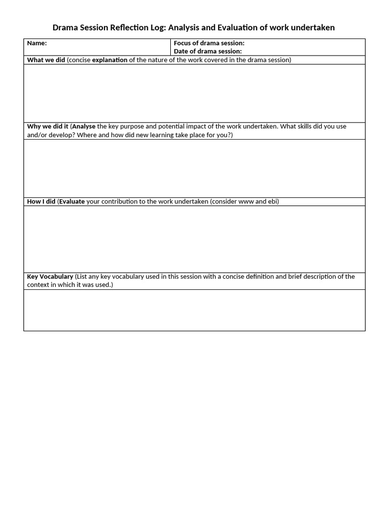 BLANK - Devising Reflection Log Sheet | PDF