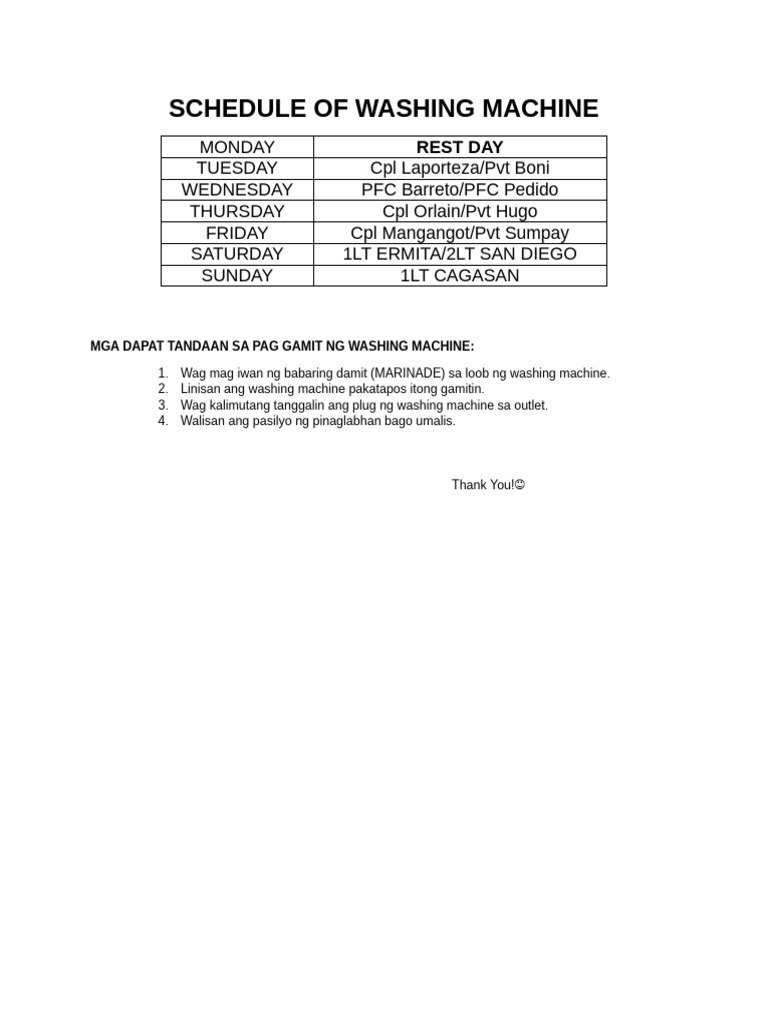 Schedule of Washing Machine | PDF