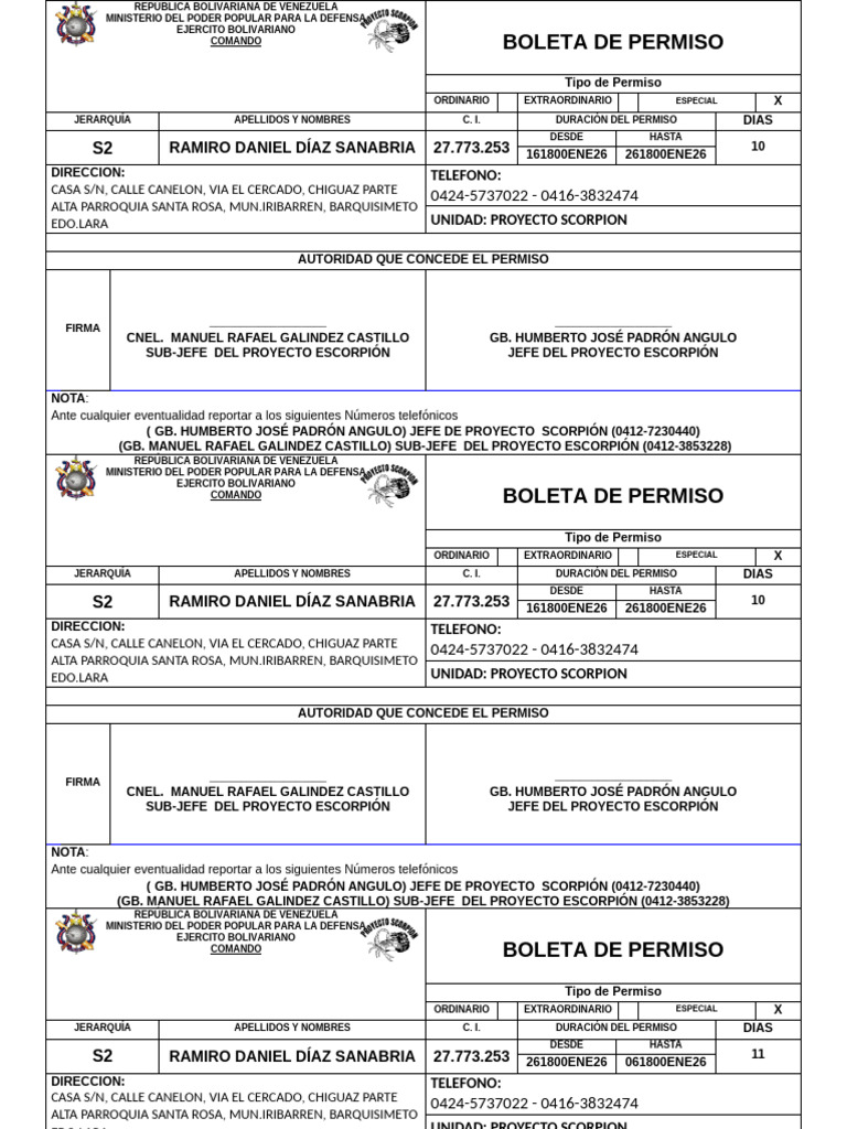 Boleta de Permiso Sanabria | PDF | Venezuela