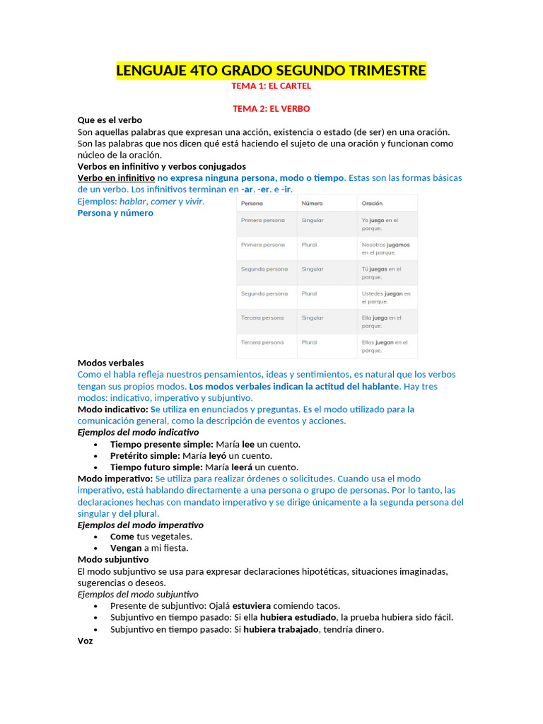 Lenguaje - 4to Grado Segundo Trimestre | PDF | Verbo | Conjugación ...