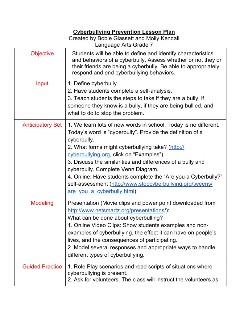 Objective: Cyberbullying Prevention Lesson Plan | PDF | Cyberbullying ...