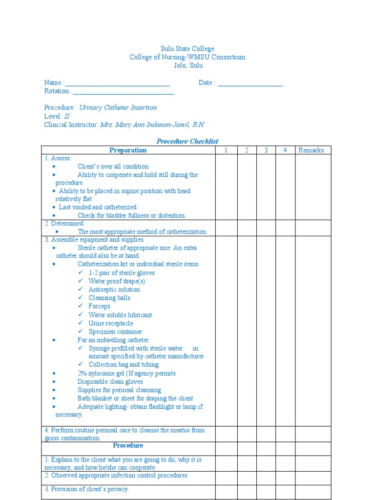 Catheterization Checklist | PDF | Catheter | Urology