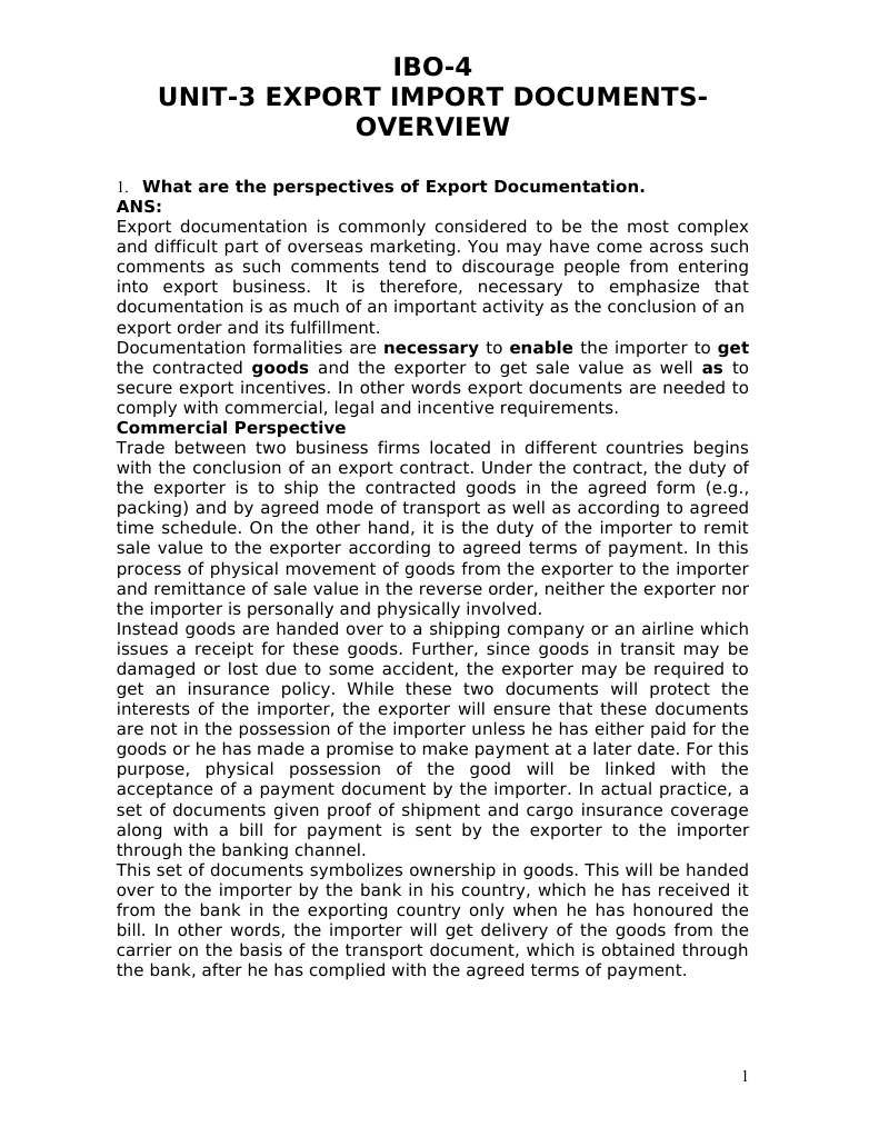 Ibo-4 Unit-3 Export Import Documents Overview | PDF | Bill Of Lading ...