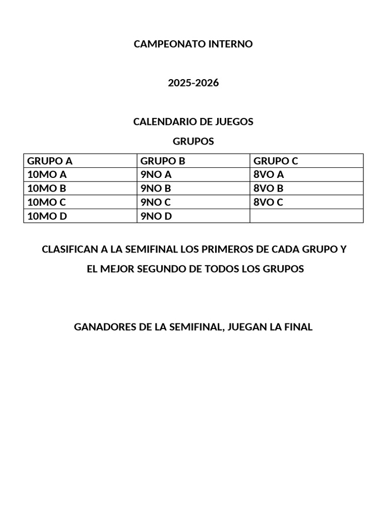 Calendario de Juegos 2026 | PDF