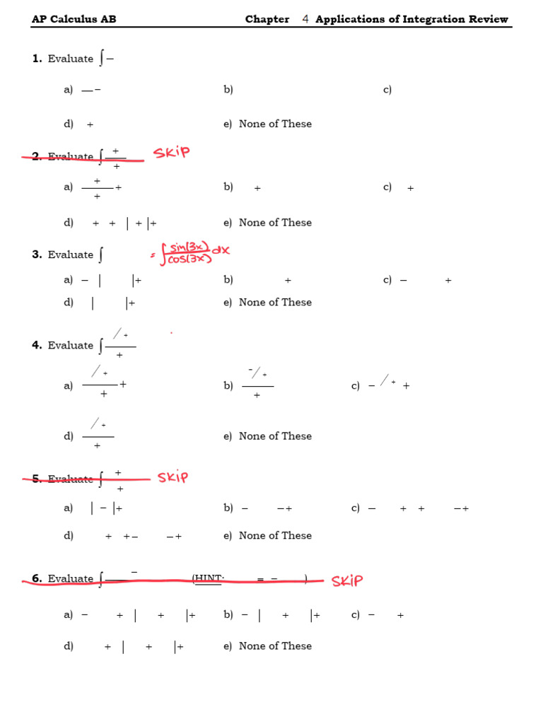 U4D9 - Review CH 4 Integration - Applications of Integration Blank ...
