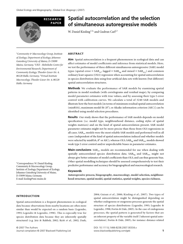 Spatial Autocorrelation And The Selection Of Simultaneous Autoregressive Models Kissling Carl