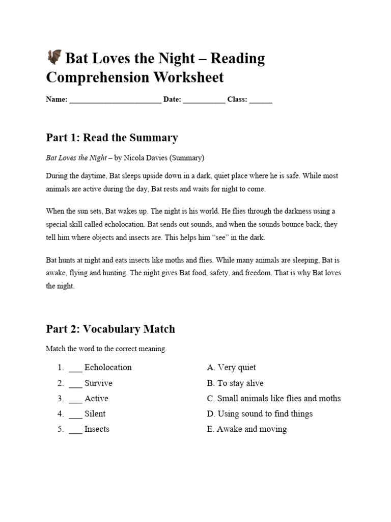 ? Bat Loves The Night Comprehension Questions | PDF | Bat | Sleep