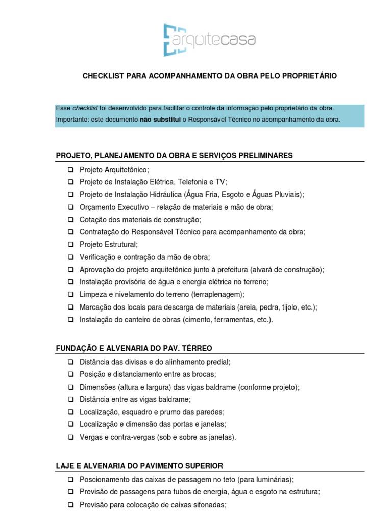 Checklist para Acompanhamento de Obra | PDF