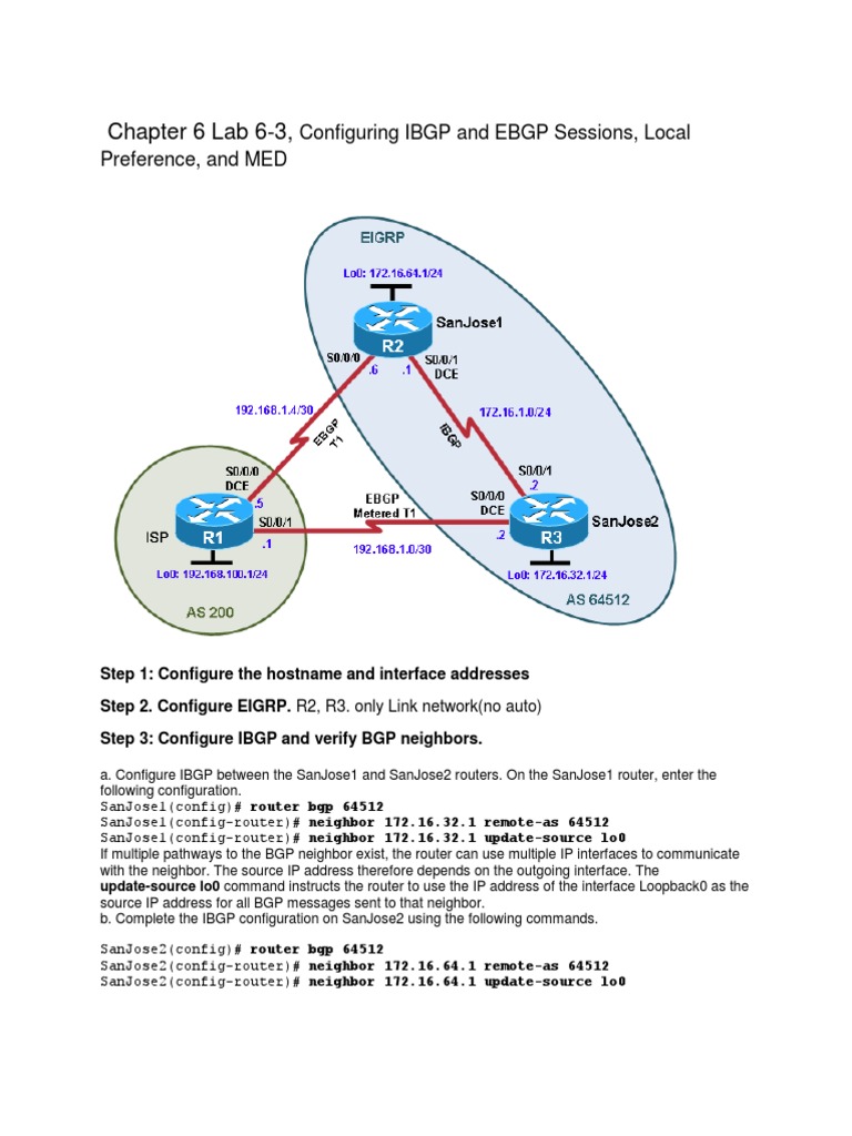 Lab 6.3 Config IBGP and EBGP Sessions, Local Prefernce and MED | PDF ...