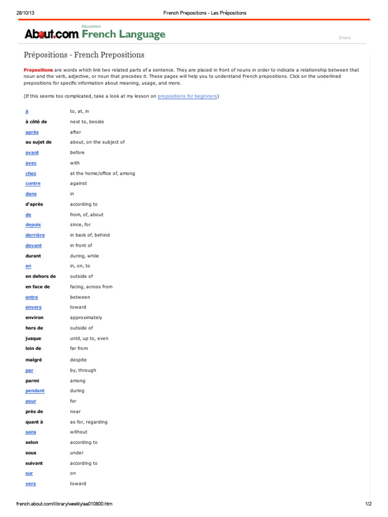 French Prepositions Les Prepositions | PDF