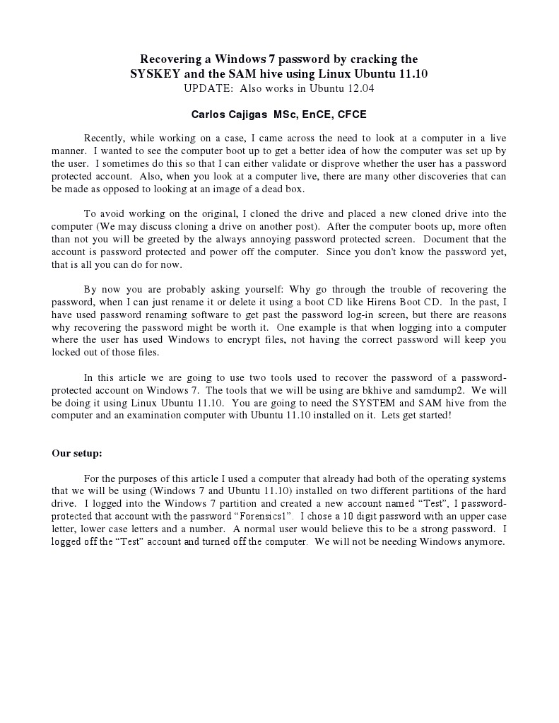 Recovering A Windows 7 Password by Cracking The SYSKEY and The SAM Hive ...