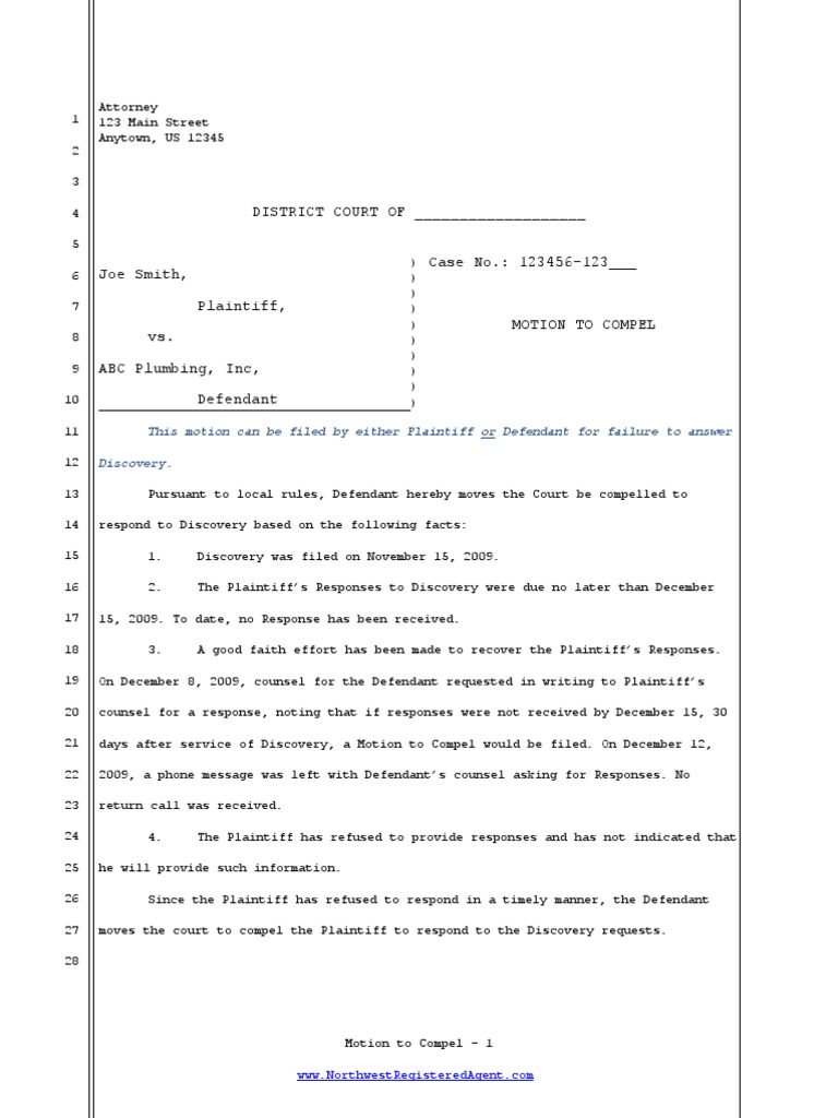 DISTRICT COURT OF - Case No.: 123456-123 | PDF | Motion To Compel | Discovery (Law)