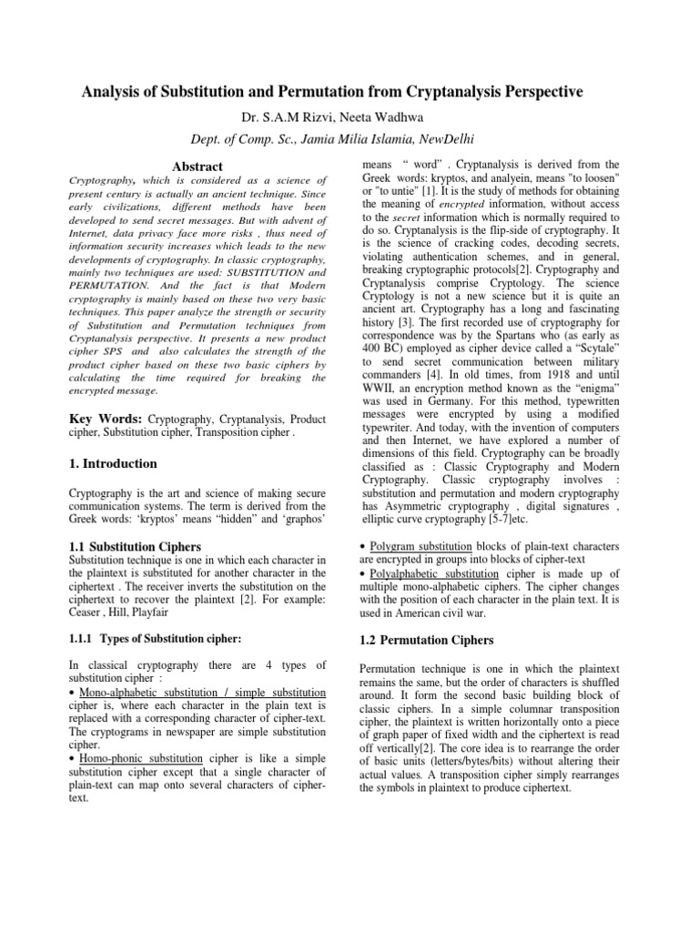 Analysis of Substitution and Permutation From Cryptanalysis Perspective ...