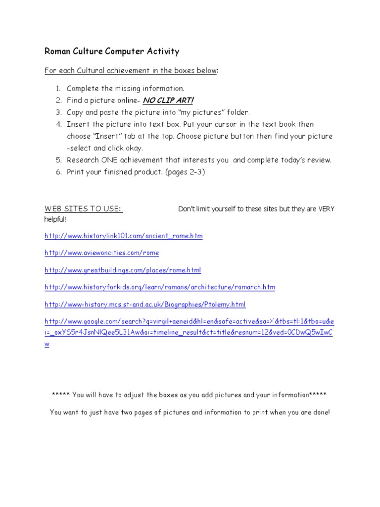 Roman Culture Computer Activity | PDF | Ancient Rome | Rome