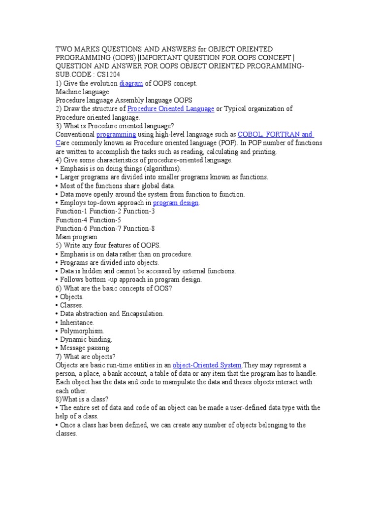 Two Marks Questions And Answers For Object Oriented Programming Pdf Constructor Object