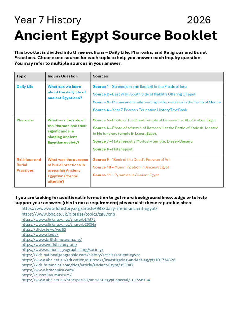 2026 Year 7 History Ancient Egypt Source Booklet | PDF | Ancient ...