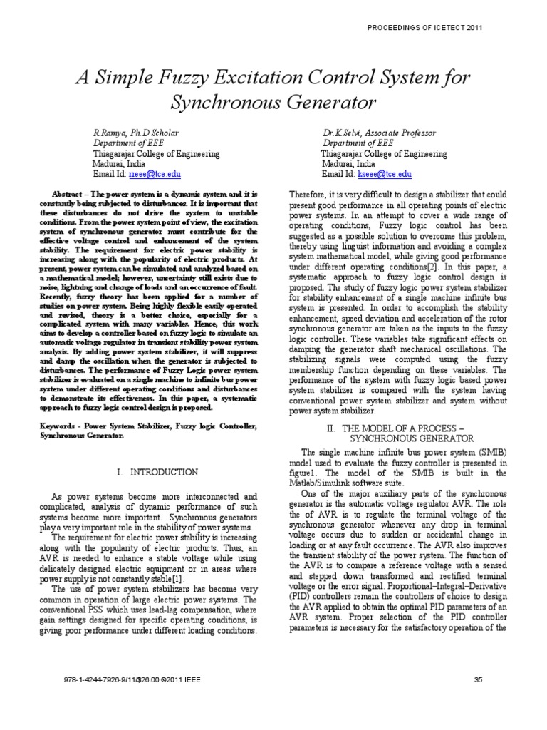 A Simple Fuzzy Excitation Control System For Synchronous Generator | PDF | Fuzzy Logic ...