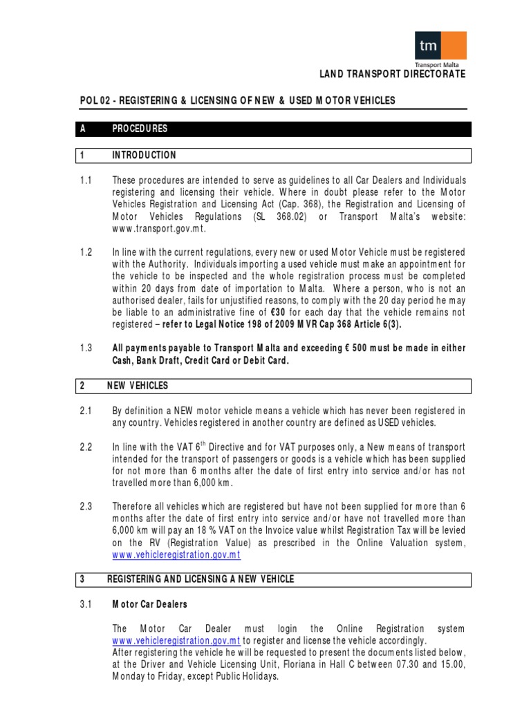 Malta Car Registration Guidelines | PDF | Vehicles | Emission Standard