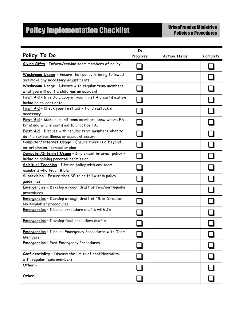 Policy Implementation Checklist | PDF | Safety | First Aid