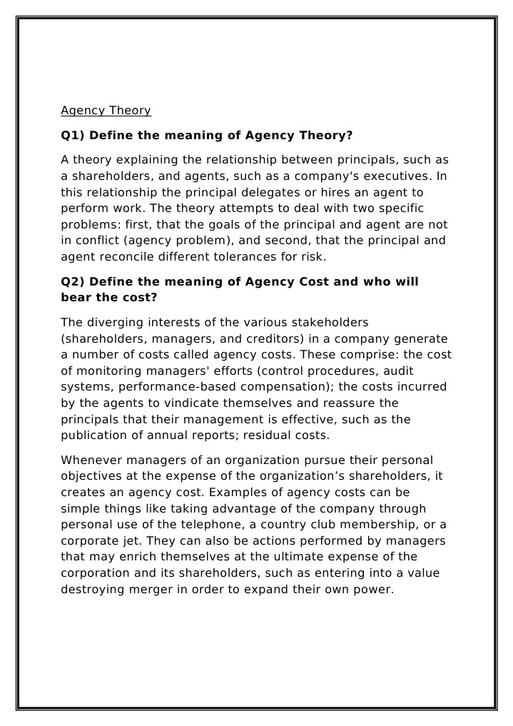 Q1) Define The Meaning of Agency Theory? | PDF | Corporate Governance ...