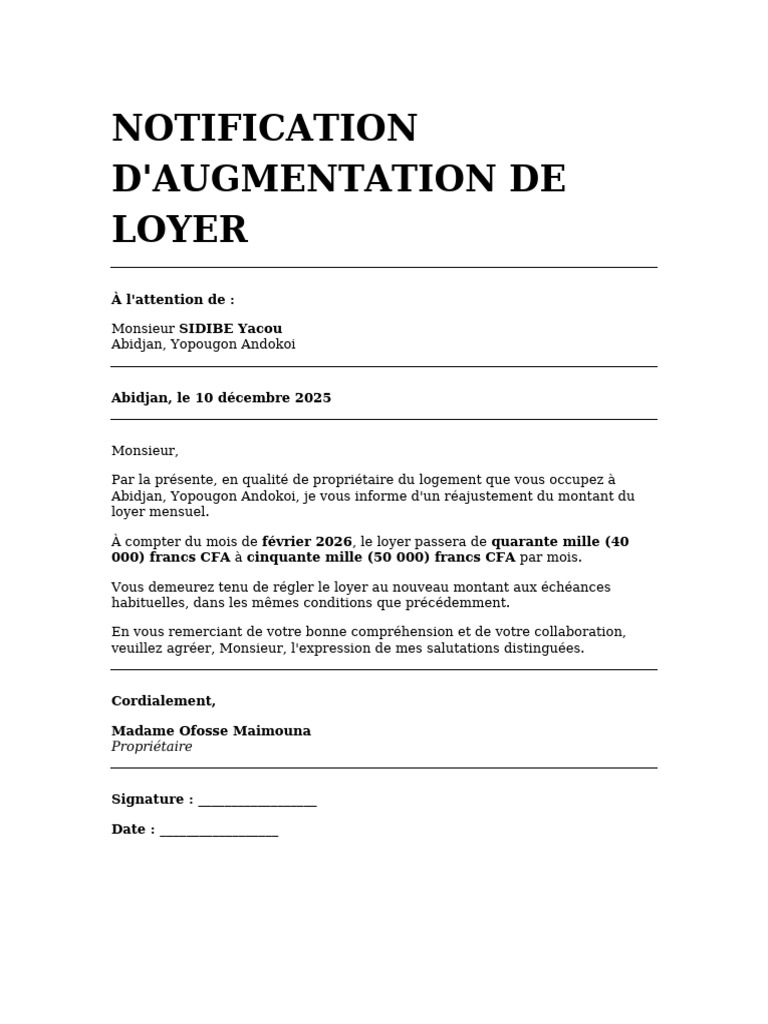 Postmodele De Lettre Augmentation Loyer