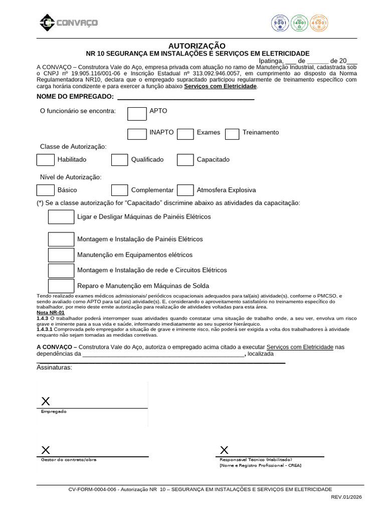 Cv-Form-0004-006 Modelo Autorizacao NR - 10 - Rev 1 | PDF | Eletricidade