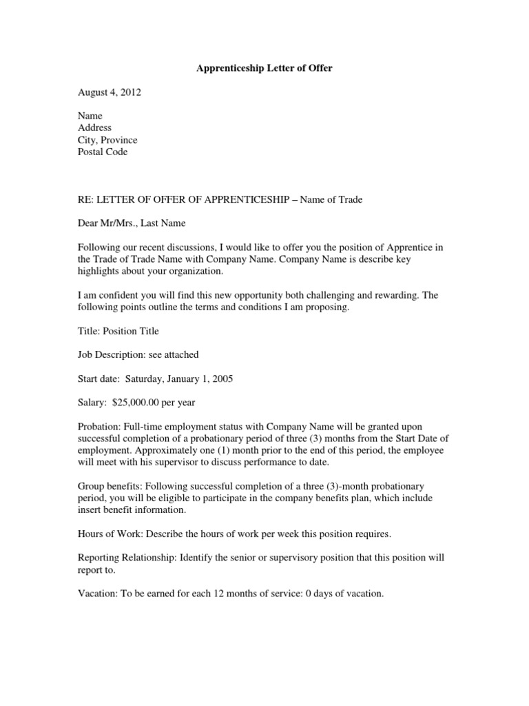 Apprenticeship Letter of Offer | PDF | Apprenticeship | Employment