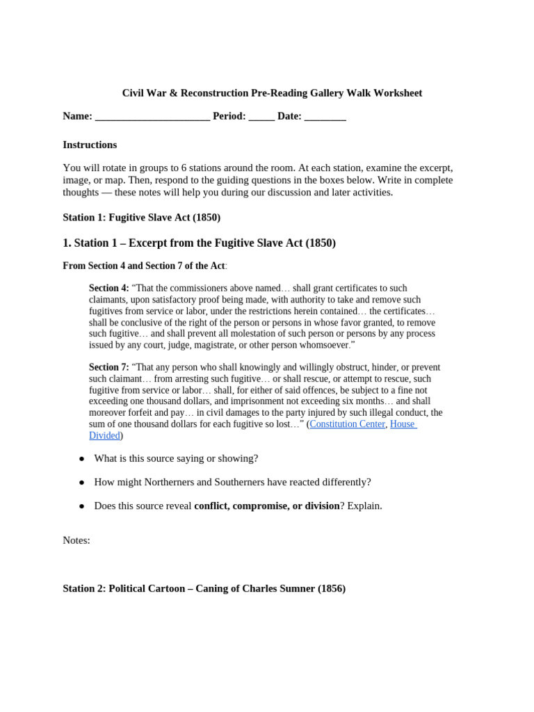 ? Civil War & Reconstruction Pre-Reading Gallery Walk Worksheet | PDF ...