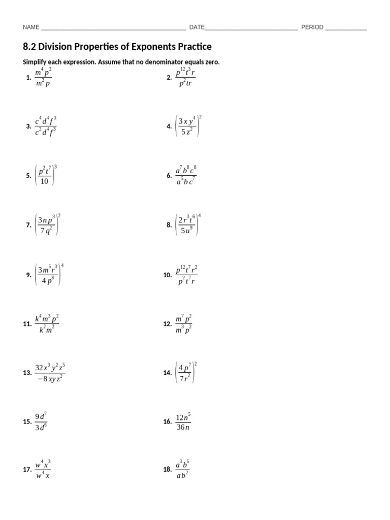8.2 Division Properties of Exponents Practice | PDF | Circle | Chess Theory