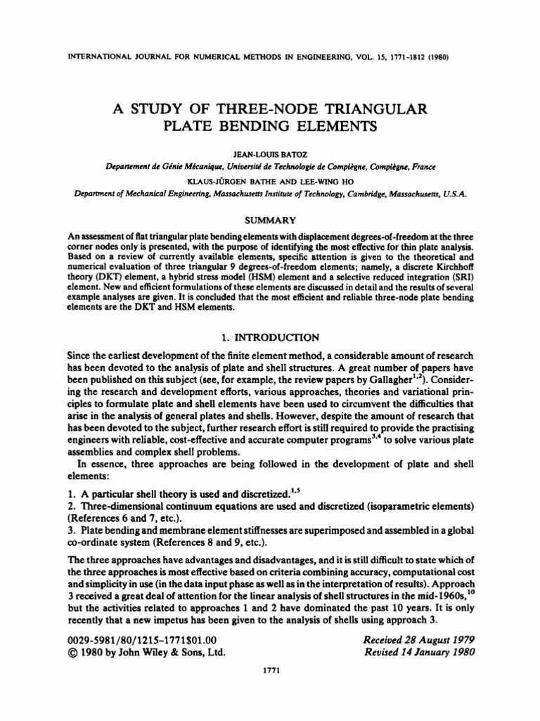 A Study of Three-Node Triangular Plate Bending Elements | PDF | Bending | Stress (Mechanics)