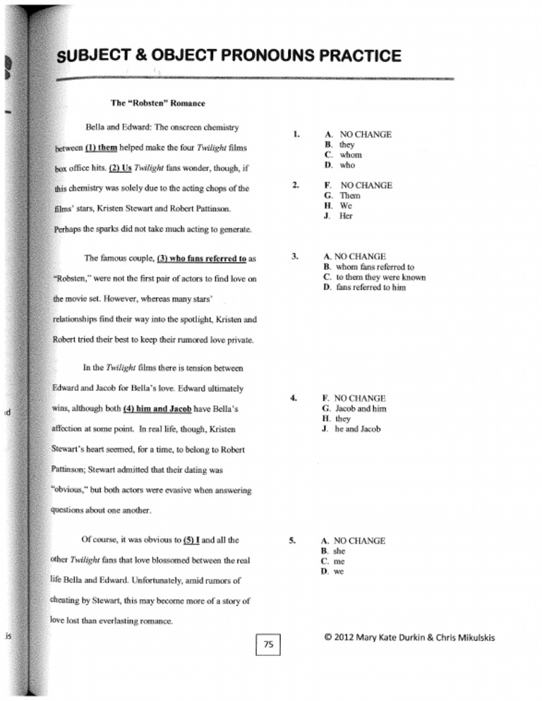 ACT Subject and Object Pronouns | PDF