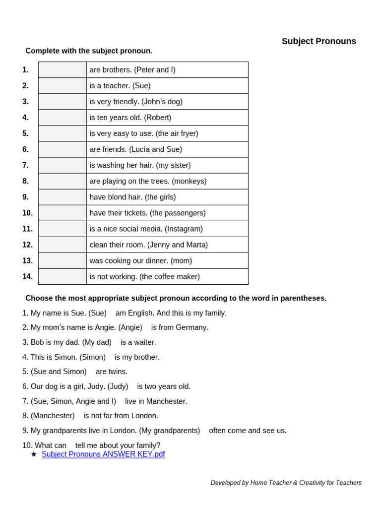 Subject Pronouns Worksheet | PDF