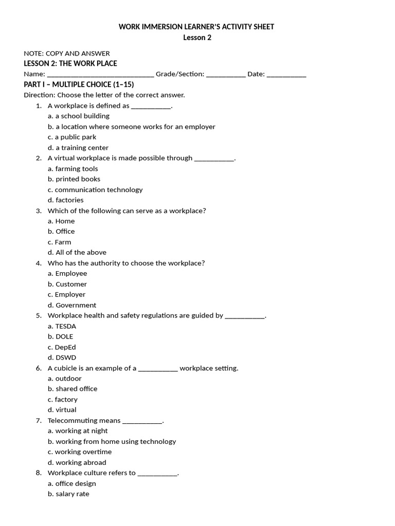 Las Lesson 2 Work Immersion Learner The Workplace | PDF