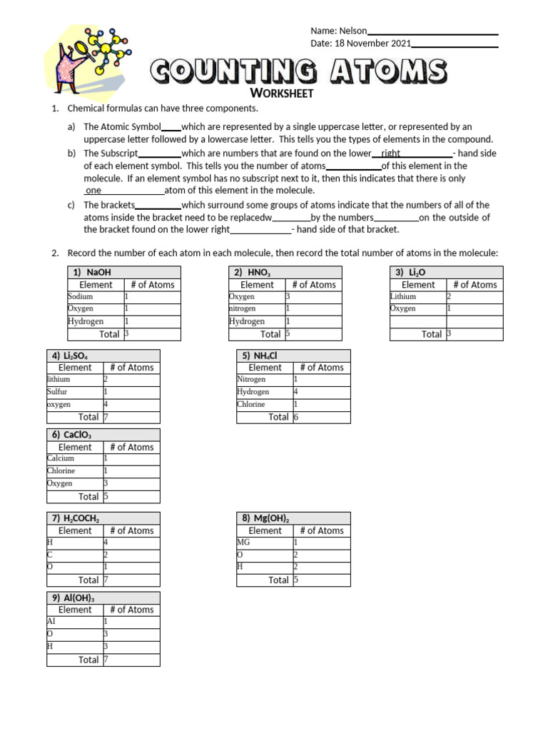 Counting Atoms - Worksheet 8 | PDF | Chemical Elements | Molecules