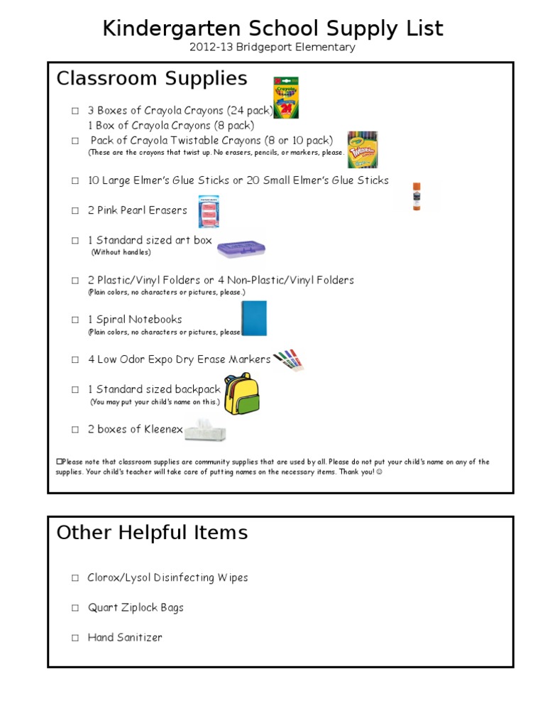 Kindergarten Supply List 12-13 | PDF