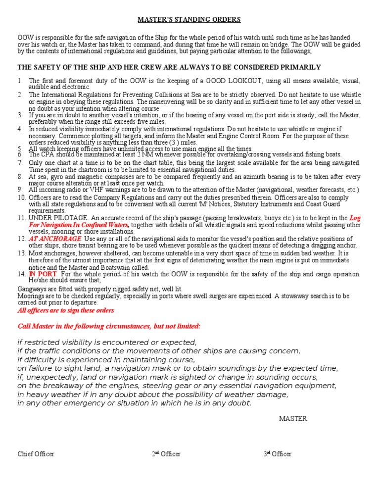 Master Standing Order | PDF | Navigation | Ships