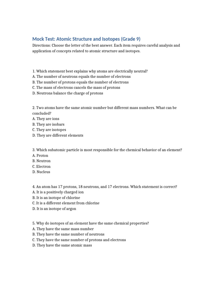 Mock Test Atomic Structure and Isotopes Grade 9 | PDF