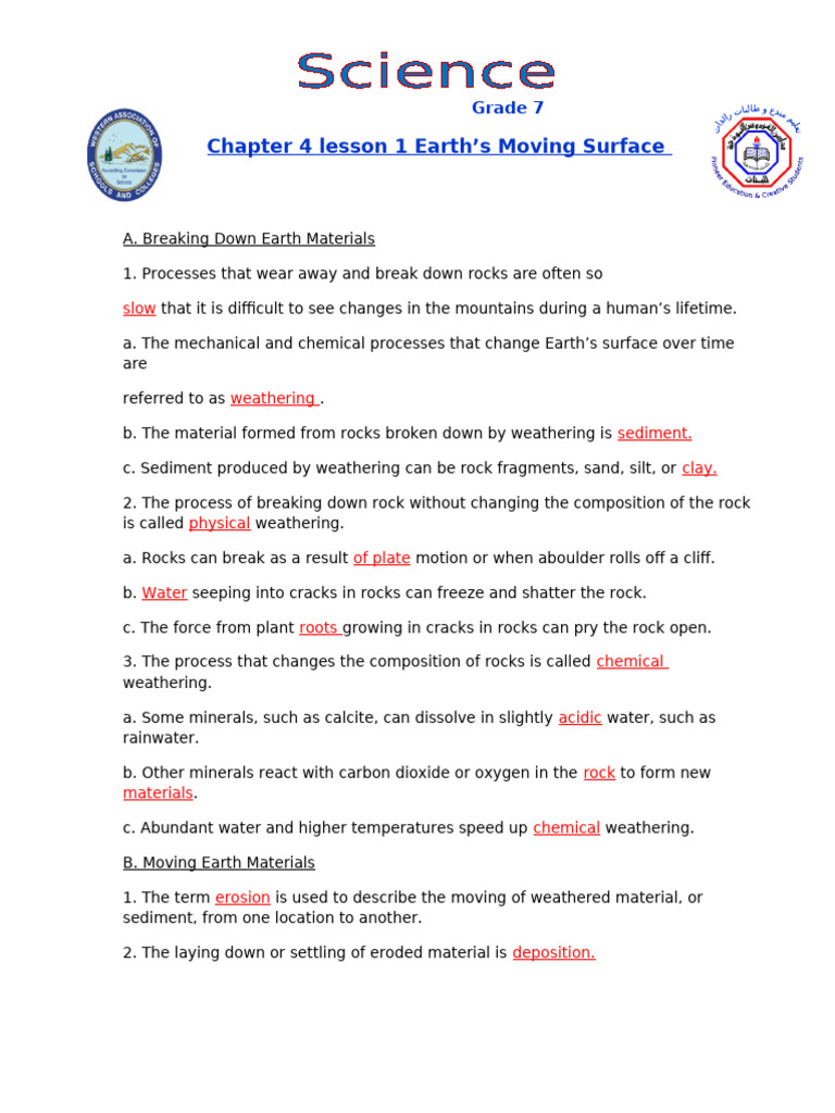 Chapter 4 Lesson 1 Earth's Moving Surface: Grade 7 | PDF | Erosion ...