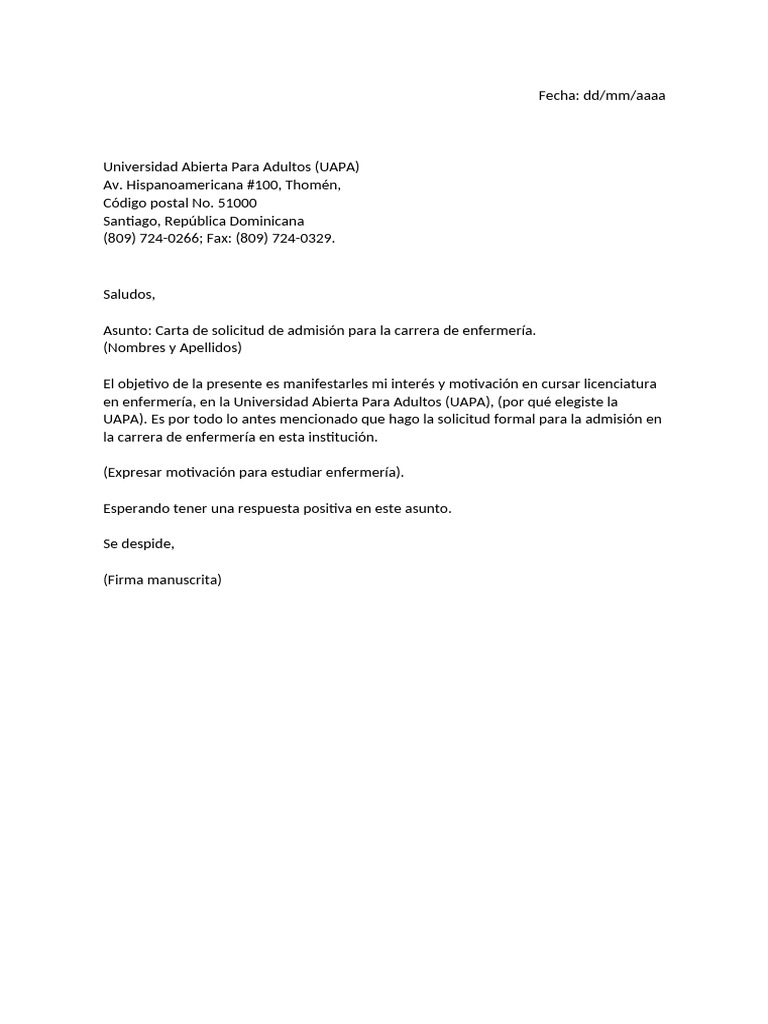 Carta de Solicitud Enfermeria UAPA Santiago - Docx 2 | PDF