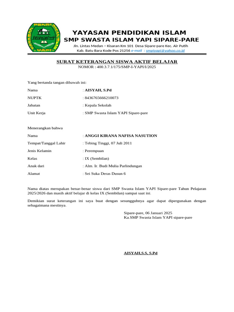 Surat Keterangan Aktif Belajar ANGGI KELAS VII | PDF