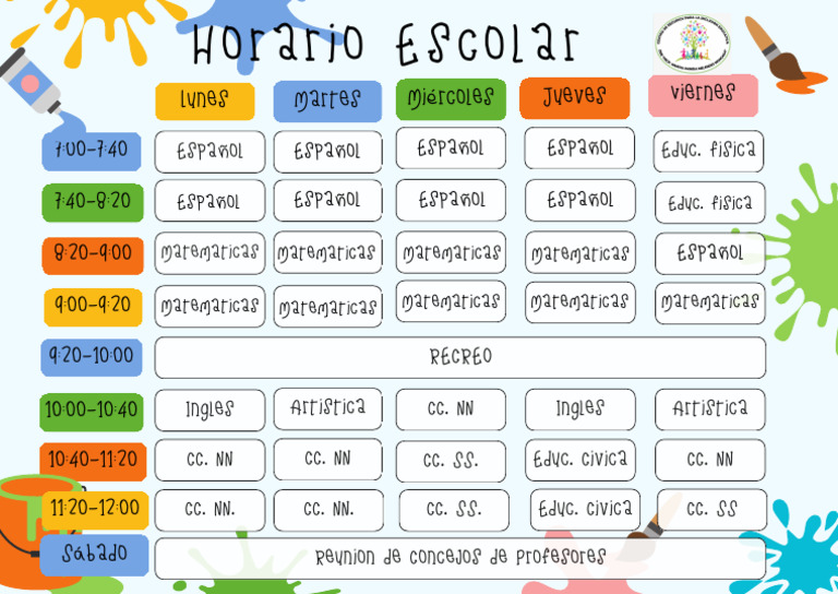 Horario Escolar Documento A4 Colegio Manchas Colores Ilustrado Juvenil ...